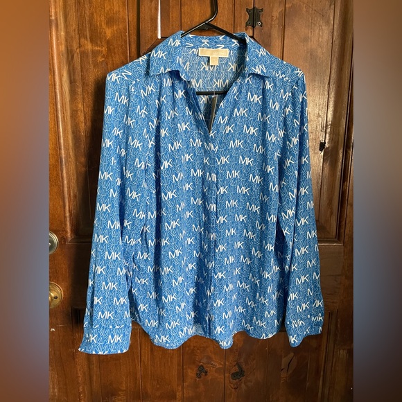 Michael Kors | Tops | Michael Kors Blue Mk Logo Blouse | Poshmark